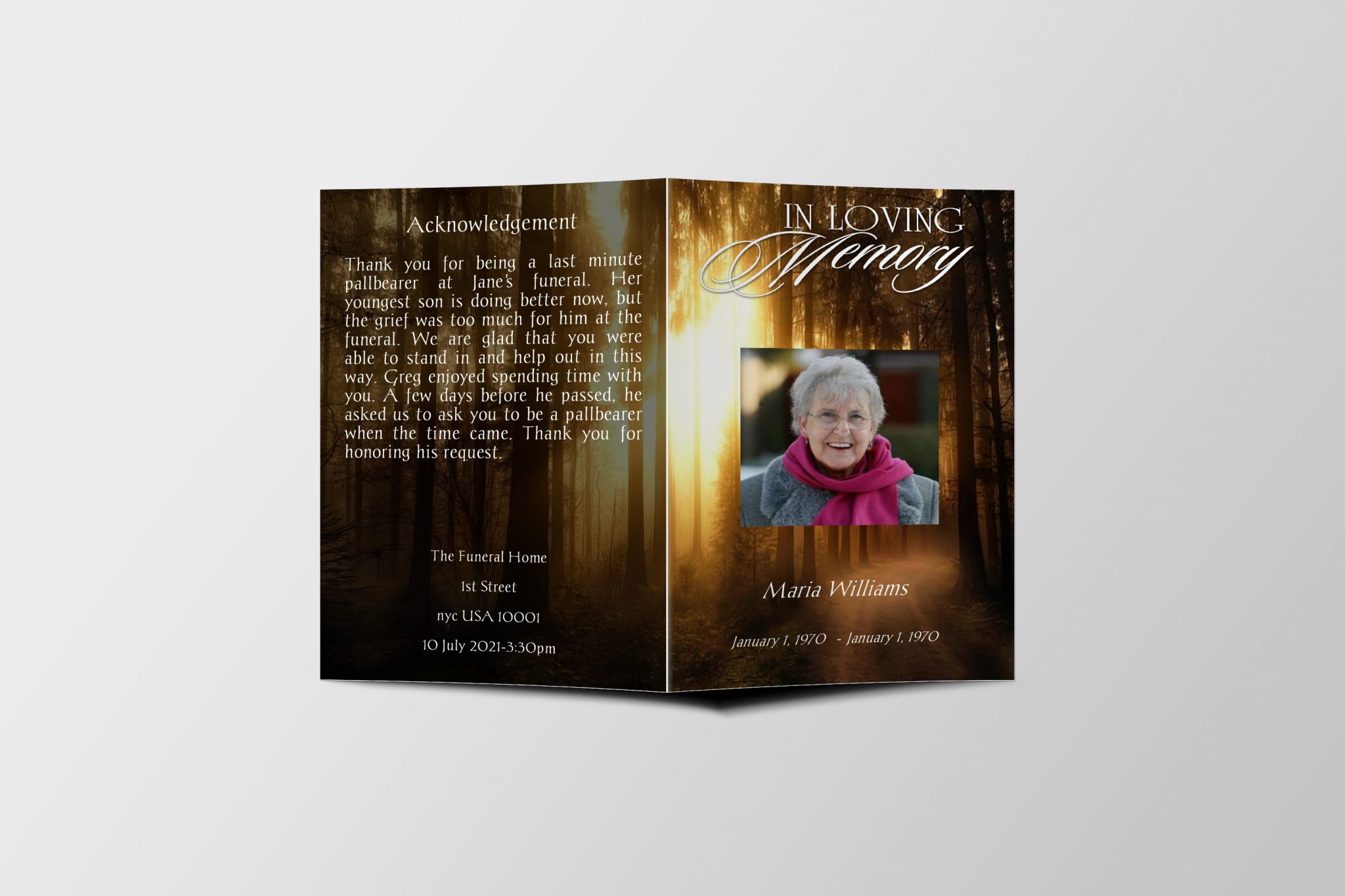 Forest Sunset Funeral Program Template | QuickFuneral LLC