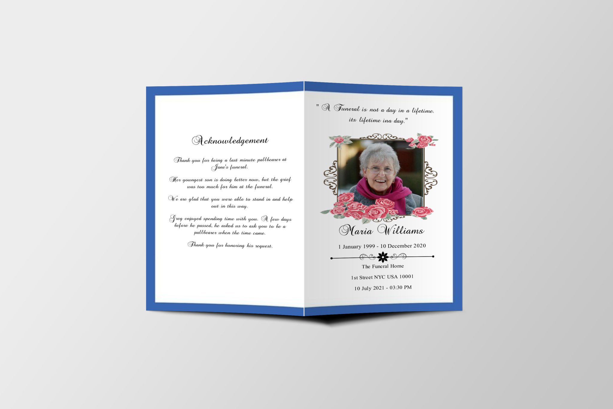 Blue Gradient Funeral Program Template | QuickFuneral LLC
