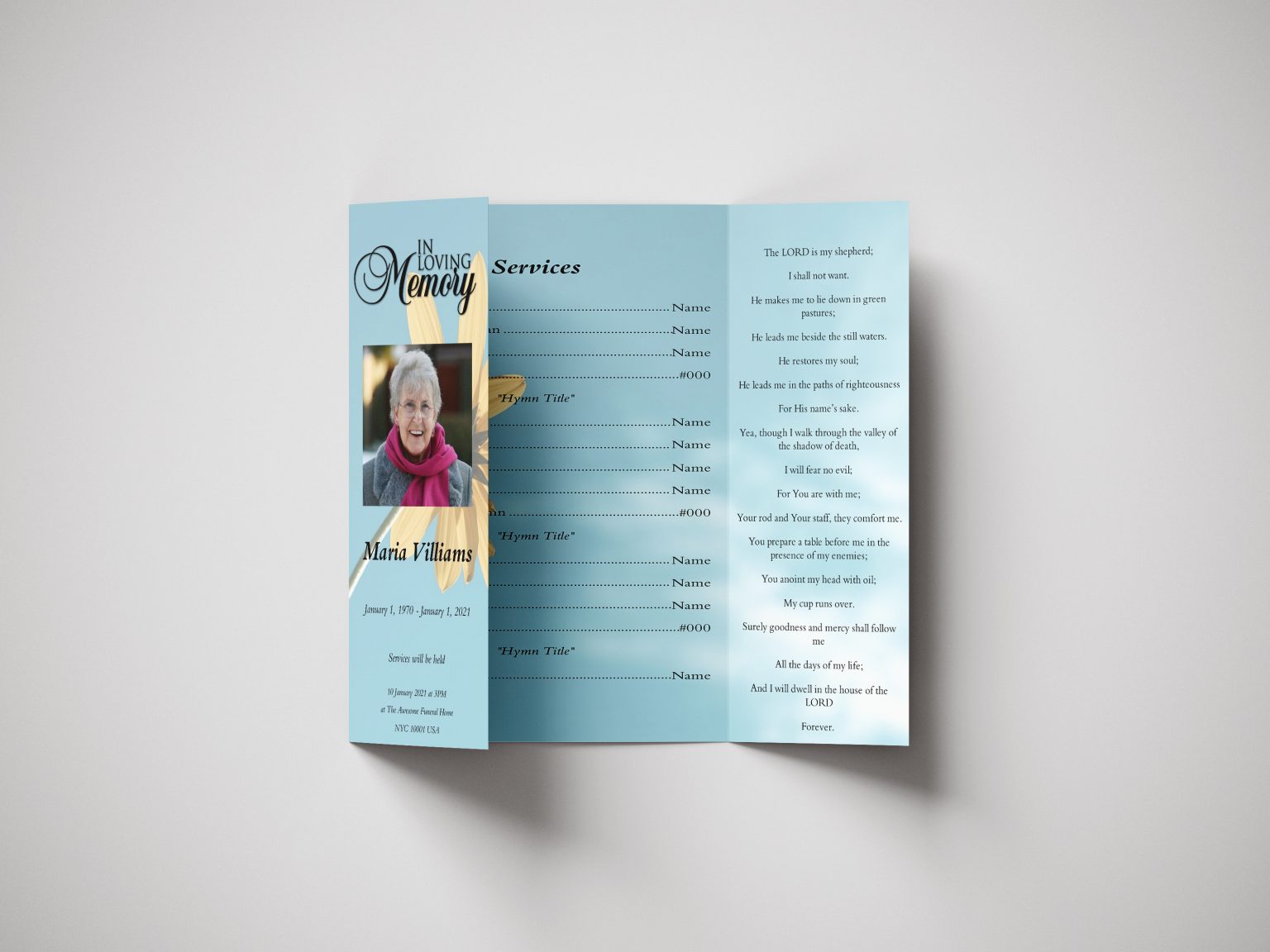 Yellow Daisy Gate Fold Funeral Program Template | QuickFuneral LLC