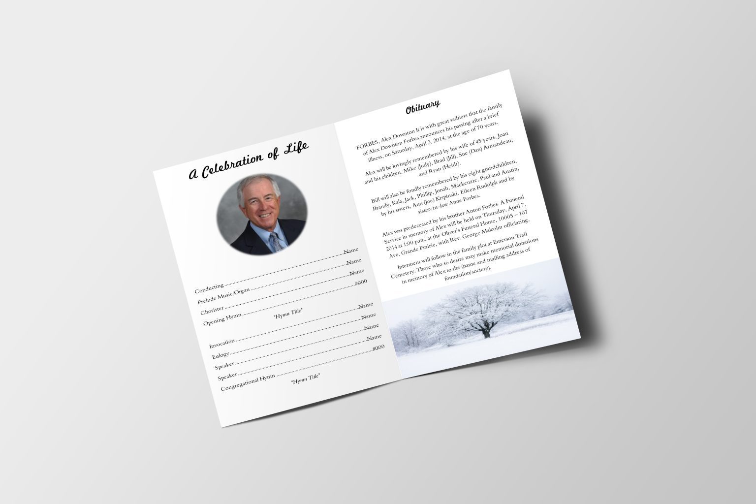 Winter Snow Funeral Program Template | QuickFuneral LLC