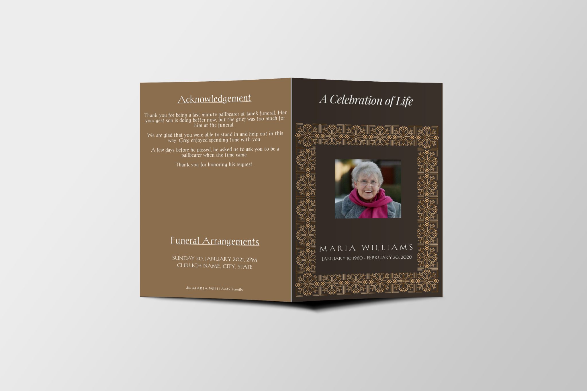 Brown Elegant Funeral Program Template | QuickFuneral LLC