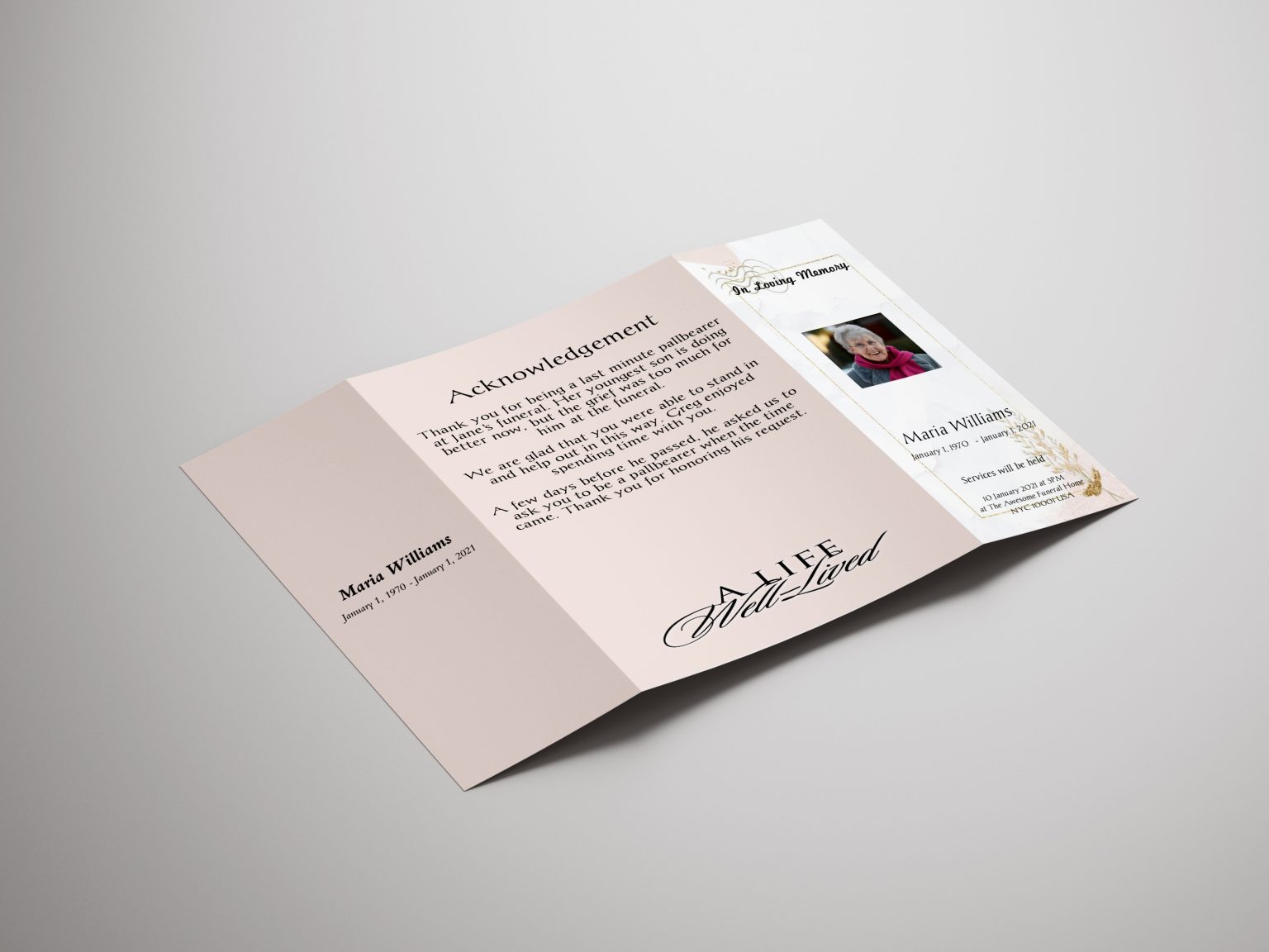 Golden Floral Gate Fold Funeral Program Template | QuickFuneral LLC