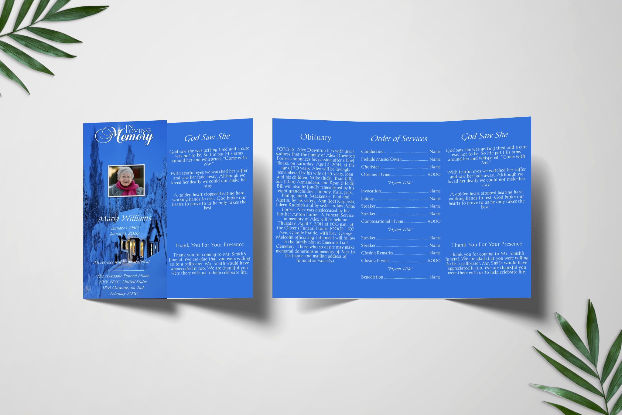 Winter Vibes Trifold Funeral Program Template | QuickFuneral LLC