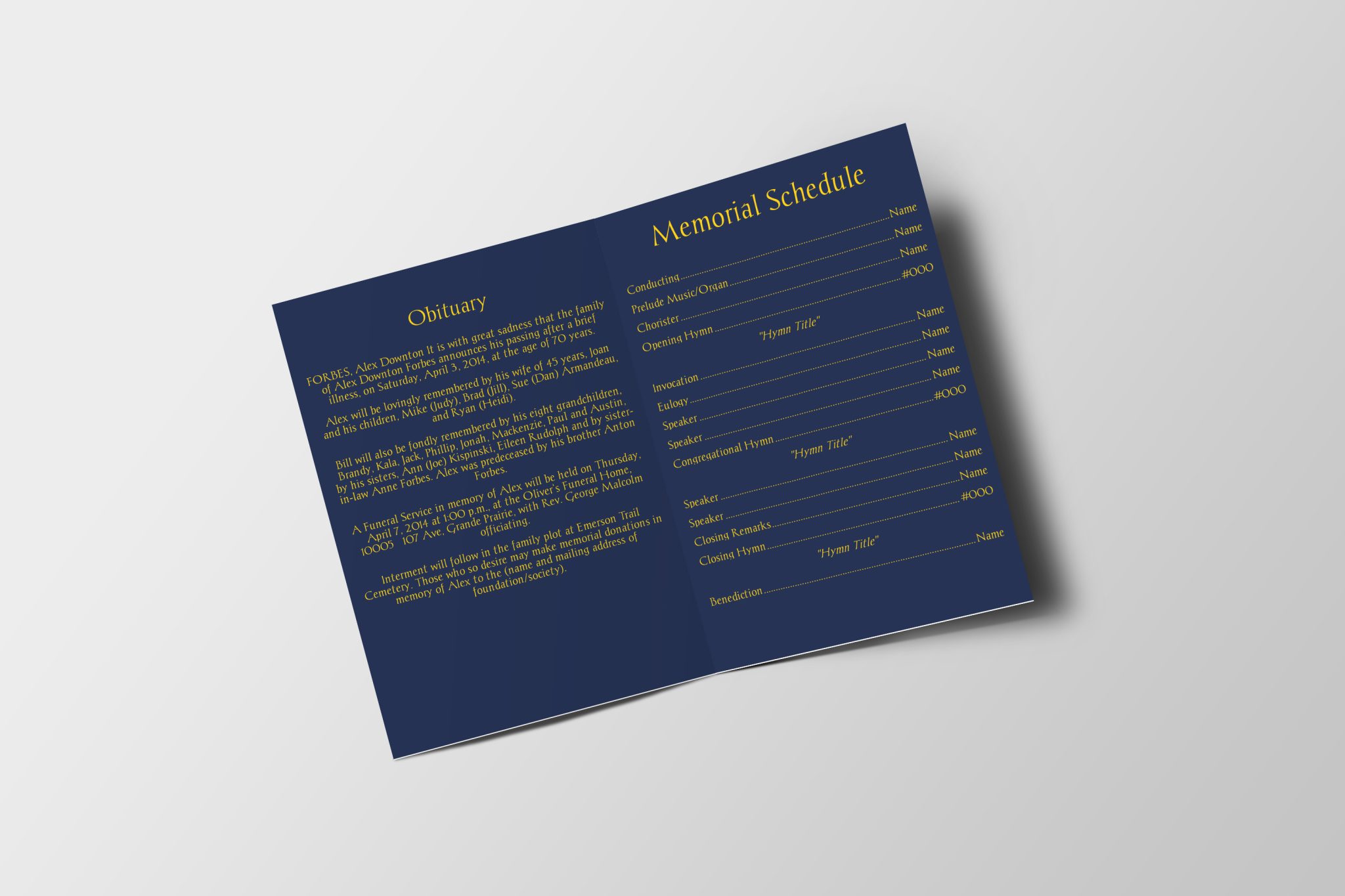 Blue & Yellow Manly Funeral Program Template | QuickFuneral LLC