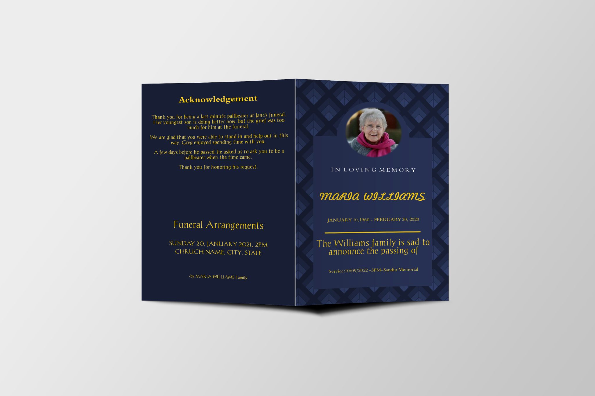 Blue & Yellow Manly Funeral Program Template | QuickFuneral LLC