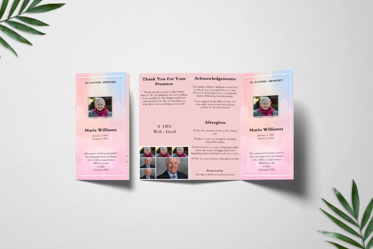 Dreamy Pink Women Special Trifold Funeral Program Template