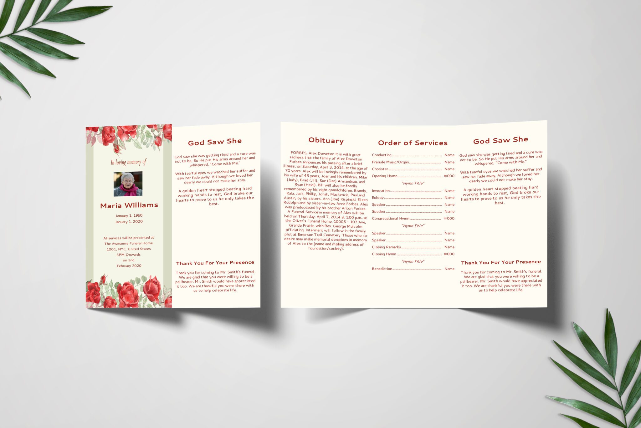 Green Floral Watercolor Trifold Funeral Program Template