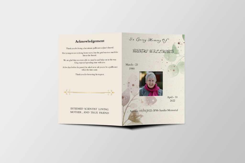 Beige Watercolour Flower Death Announcement Half Page Funeral Program ...