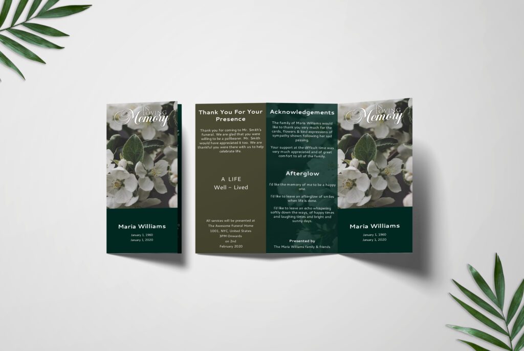 Dark Green & Brown Funeral Homes Brochure Trifold Funeral Program Template