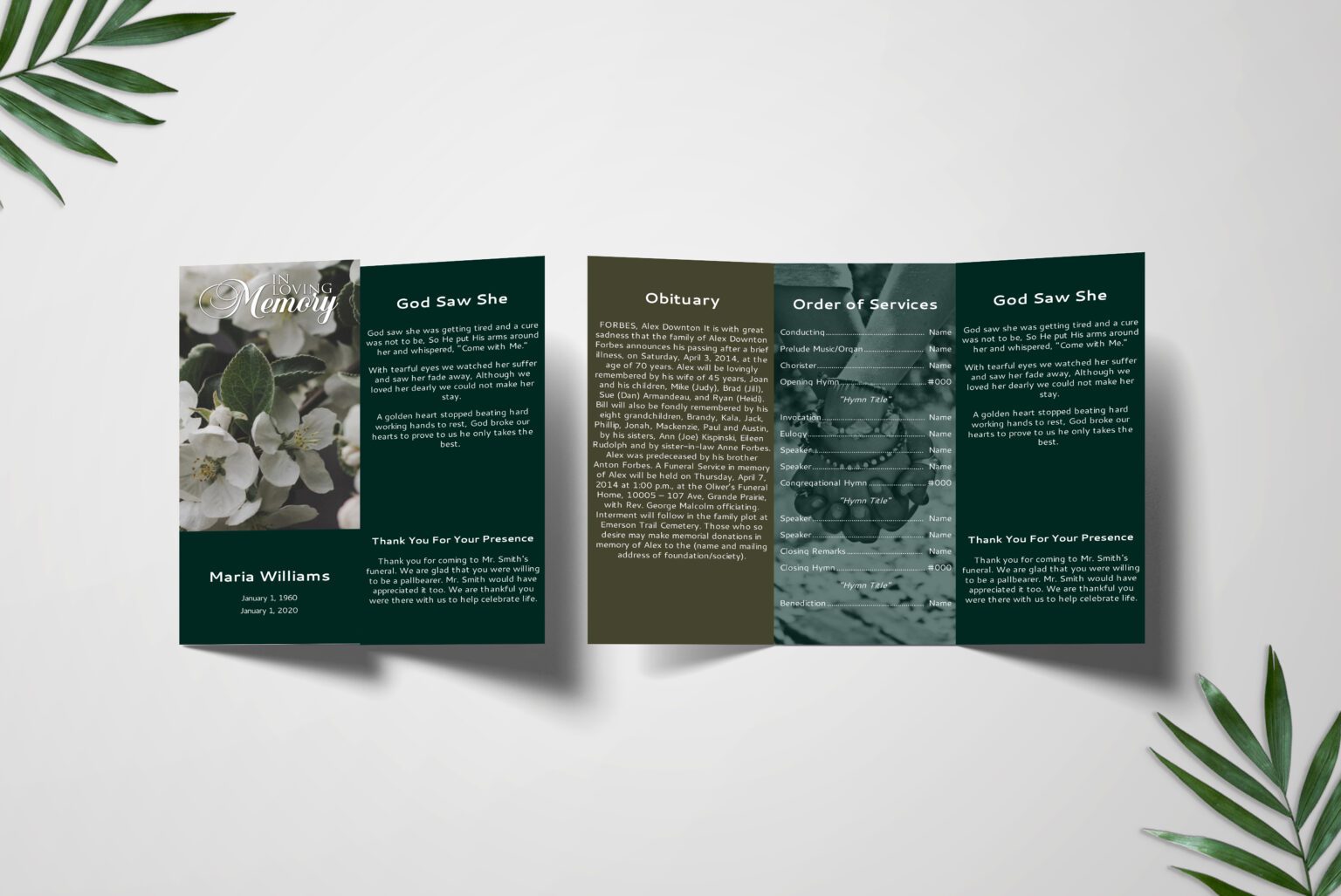 Dark Green & Brown Funeral Homes Brochure Trifold Funeral Program Template