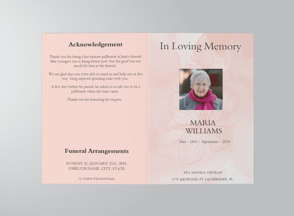Pink Floral Paper Funeral Program Template