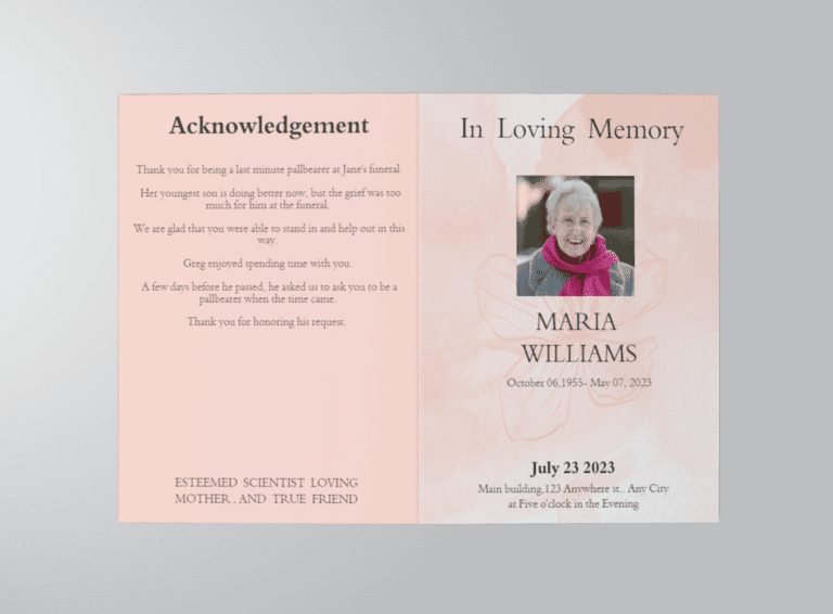 Pink Floral Paper Half Page Funeral Program Template