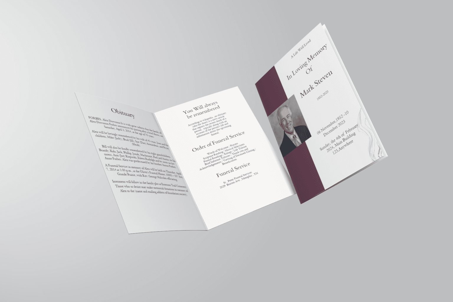 Grey and Burgundy Elegant Funeral Program Template