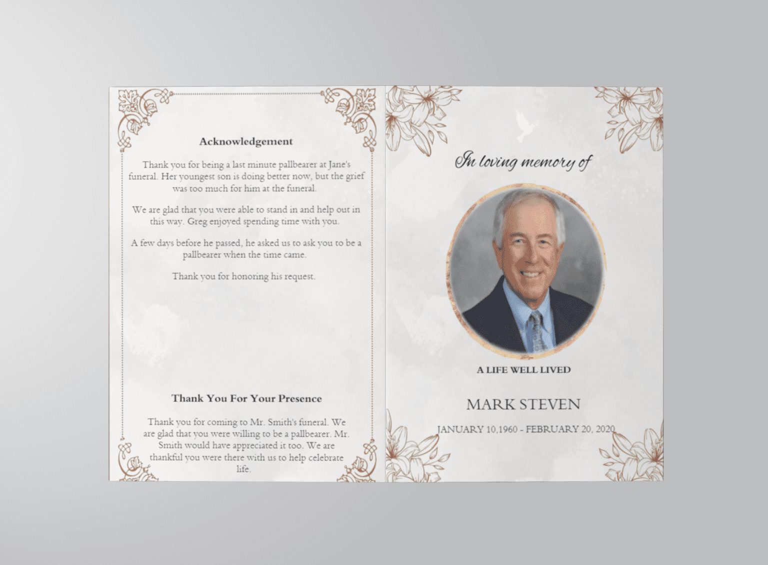 Grey Classic Minimalist Funeral Program Template