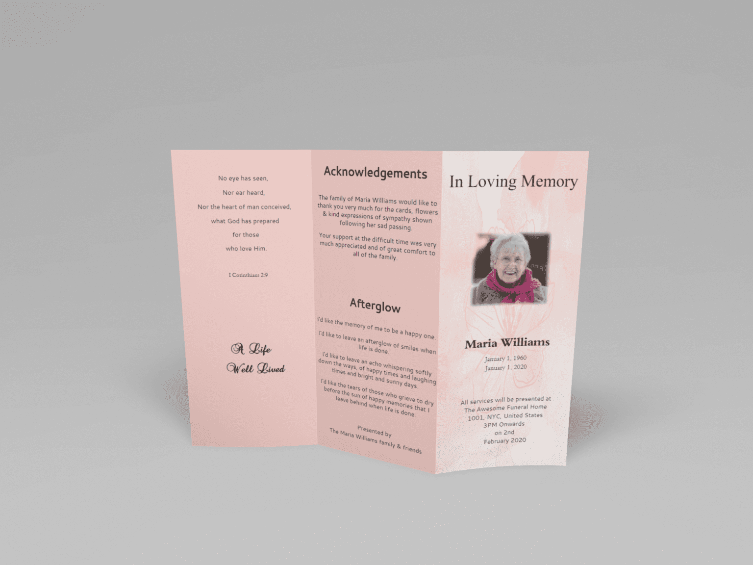Pink Floral Paper Trifold Funeral Program Template