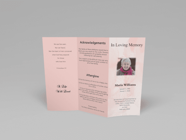 Pink Floral Paper Trifold Funeral Program Template