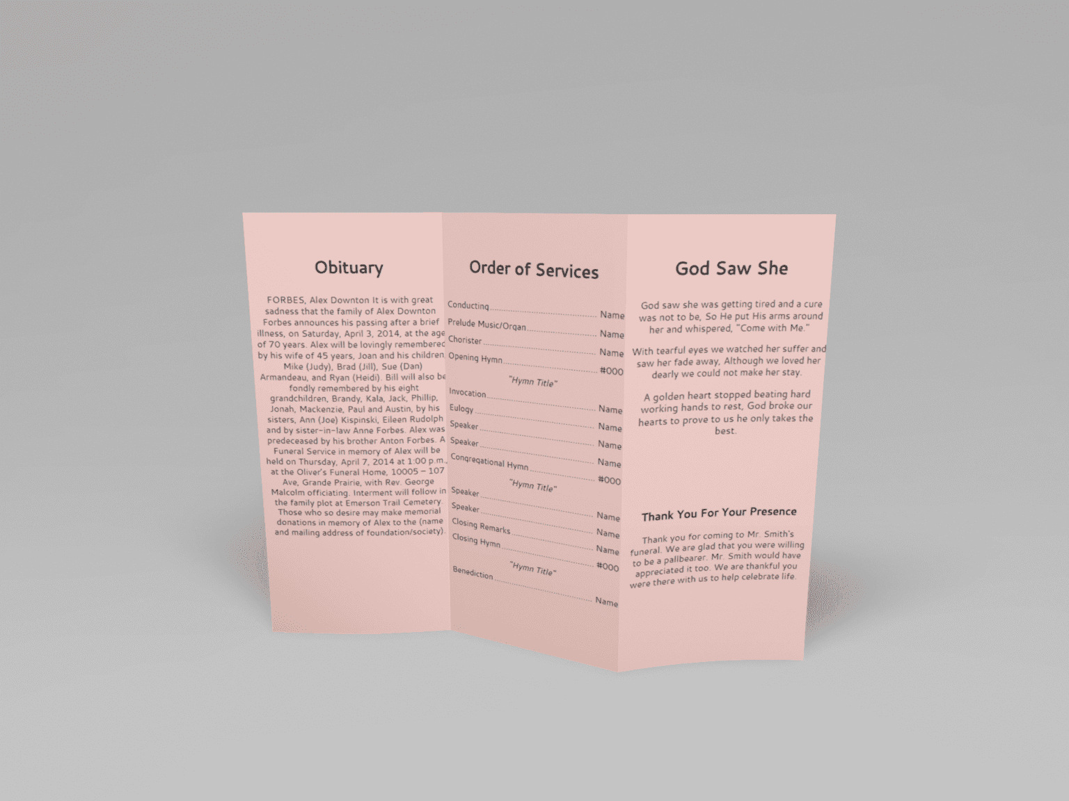 Pink Floral Paper Trifold Funeral Program Template