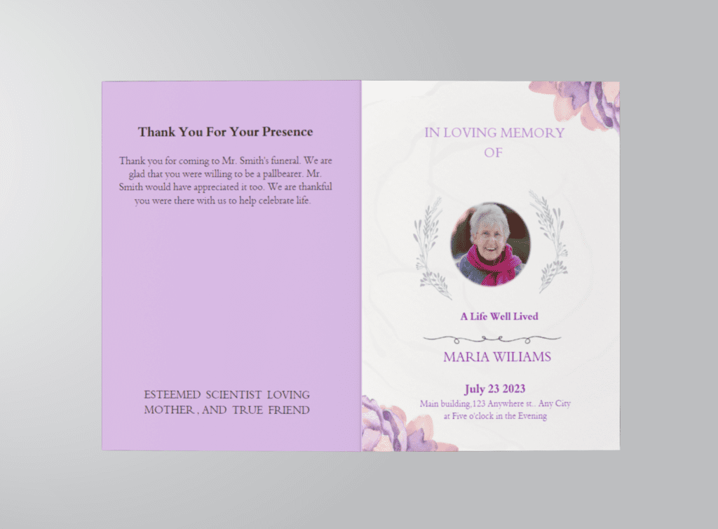 Purple Elegant Watercolor Half Page Funeral Program Template