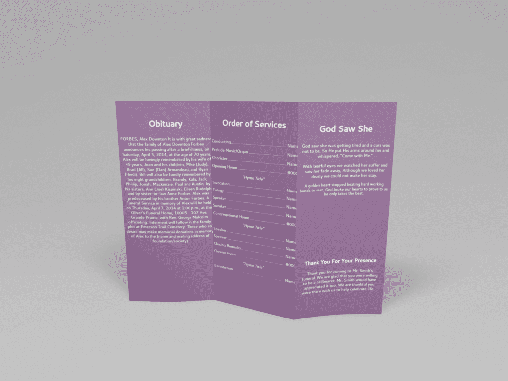 Purple Elegant Watercolor Trifold Funeral Program Template